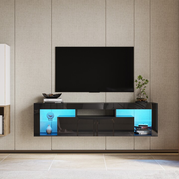 GEROJO Black Modern LED TV Stand with 2 Drawers and 5 Open Shelves ...