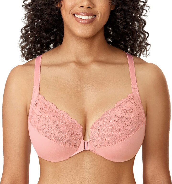 Delimira Women's Front Fastening Bra Racer Back Lace Plus Size Non Padded Underwired Rose Tan ...