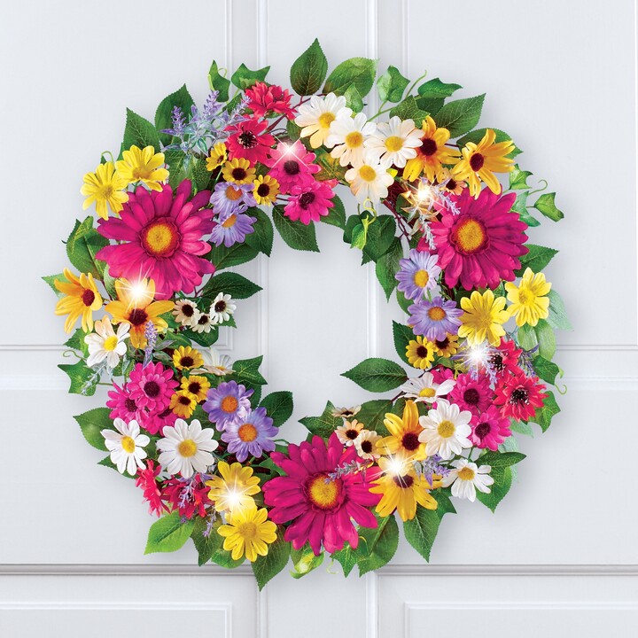 Collections Etc LED Lighted Artificial Mixed Daisies Front Door Wreath ...