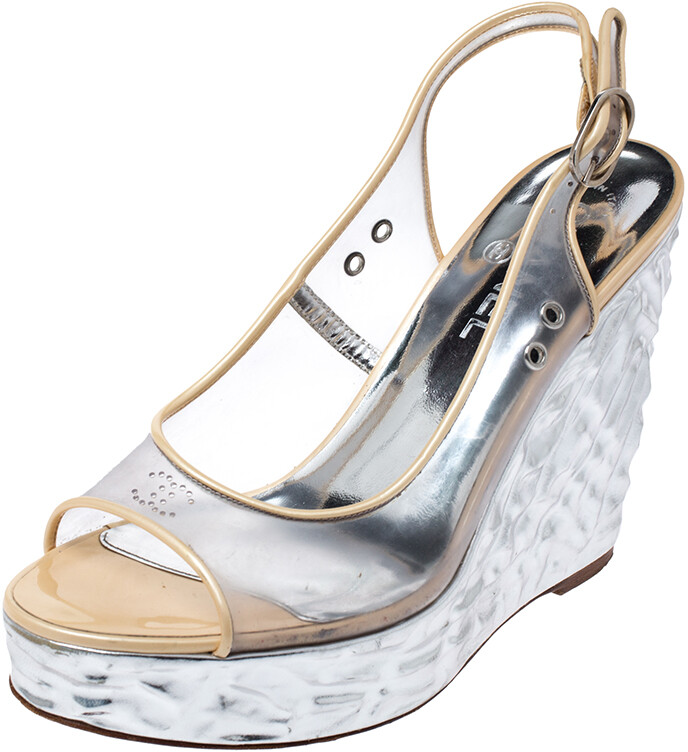 Chanel PVC Metallic Silver Textured Wedge Heel Peep Toe Slingback ...