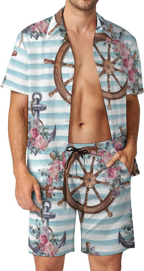 XJLAPWS Button-Down Shirt And Short Set Anchor And Flowers Men's Summer ...