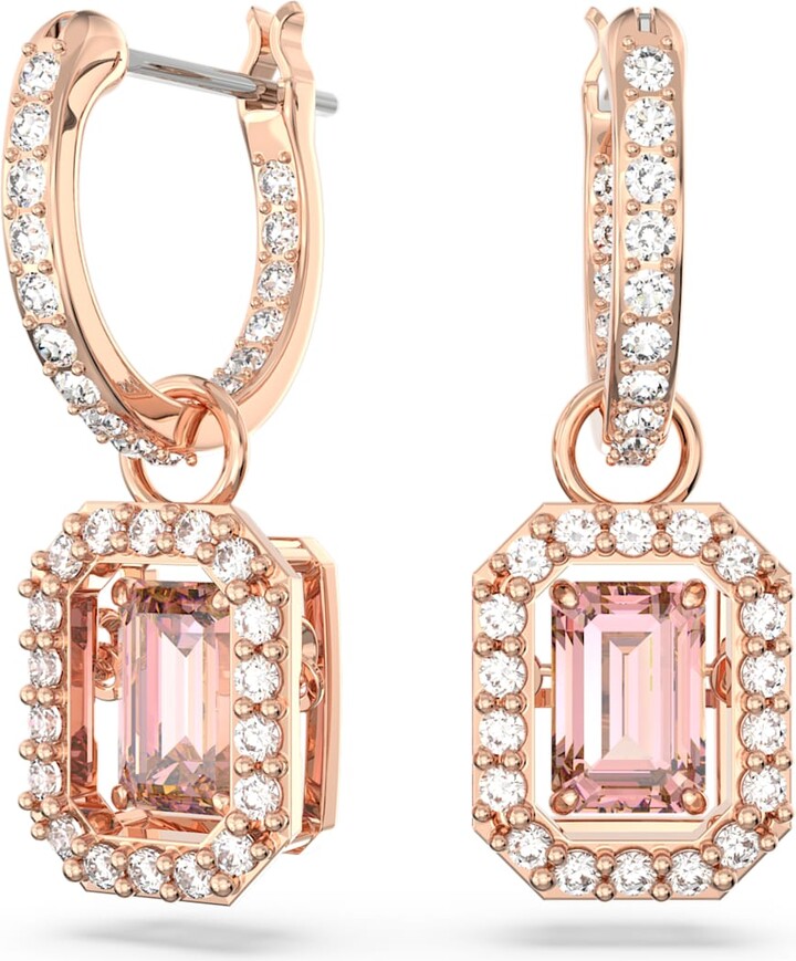 Swarovski Una drop earrings, Octagon cut, Pink, Rose gold-tone plated ...