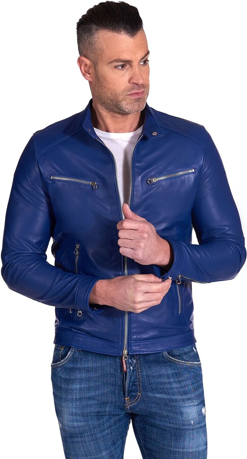 D'Arienzo Mens Italian Electric Blue Leather Jacket Biker Motorcycle ...