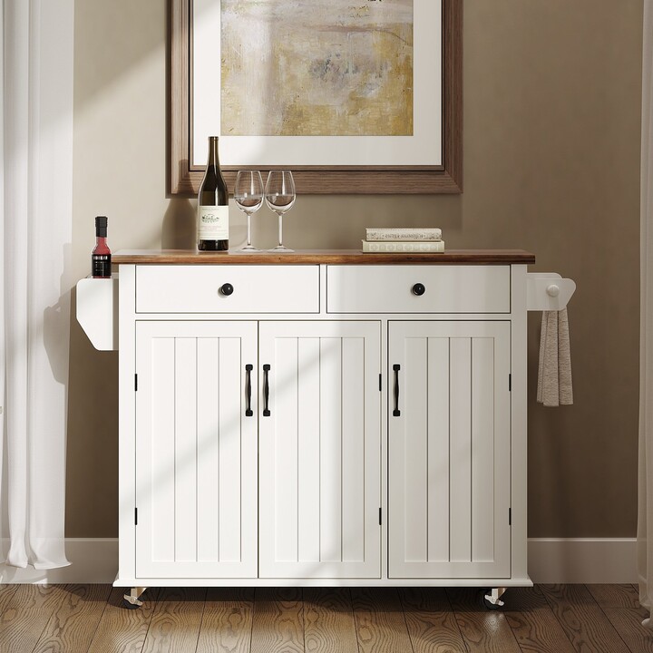 WAMPAT White Kitchen Island Cart on Wheels with Storage Drawers - N/A ...