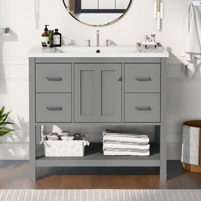 Ebern Designs 36" Gray Modern Bathroom Vanity With USB,Two Shallow ...