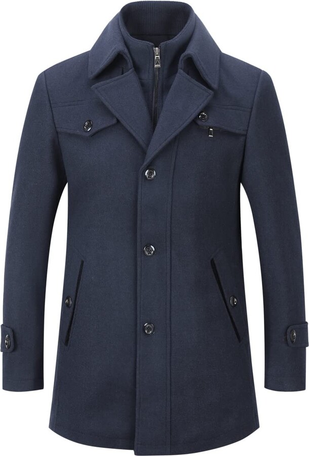 YOUTHUP Mens Wool Trench Coat Winter Thick Peacoat Business Military ...