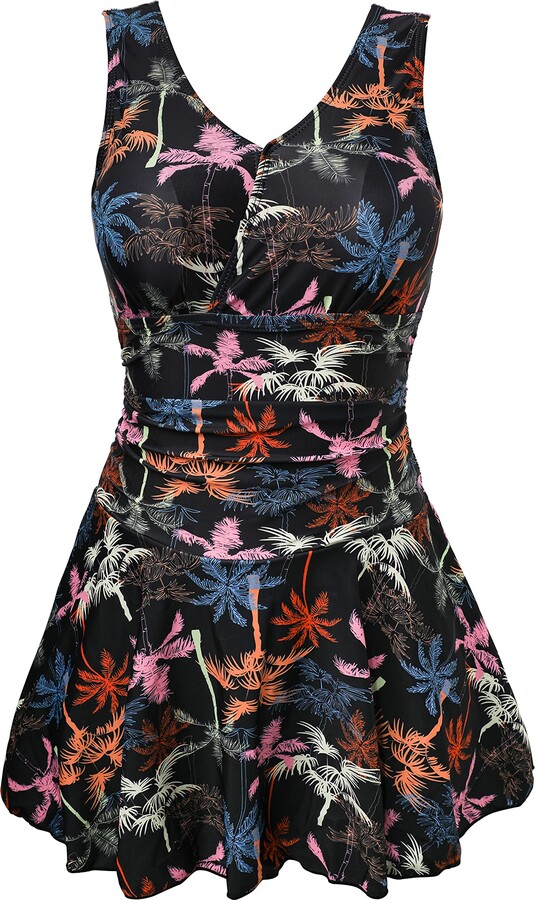 ECUPPER Womens One Piece Swimsuit Tummy Control Skirted Swimwear Floral ...