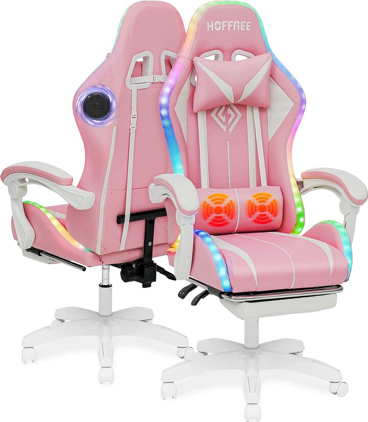 HOFFREE Pink Gaming Chair with Bluetooth Speakers and LED RGB Lights ...