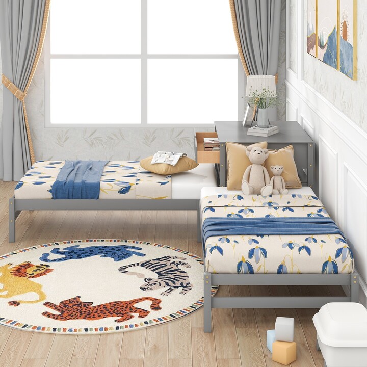 IGEMAN 2 in 1 Design L-Shaped Corner Platform Beds with Desk and Drawer ...