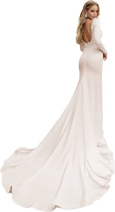 Generic Mermaid Wedding Dresses for Bride Sweep Train Long Sleeve Boat ...