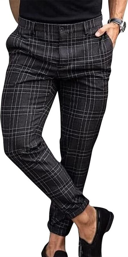 Darabun Mens Casual Check Trousers Men's Slim Fit Plaid Pants Vintage ...