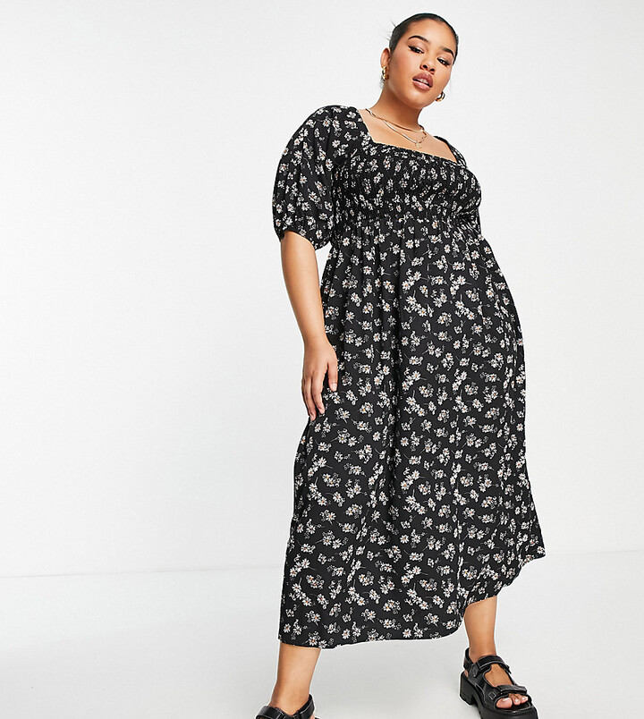 Lola May Curve Lola May Plus shirred smock midi dress with tie back in ...