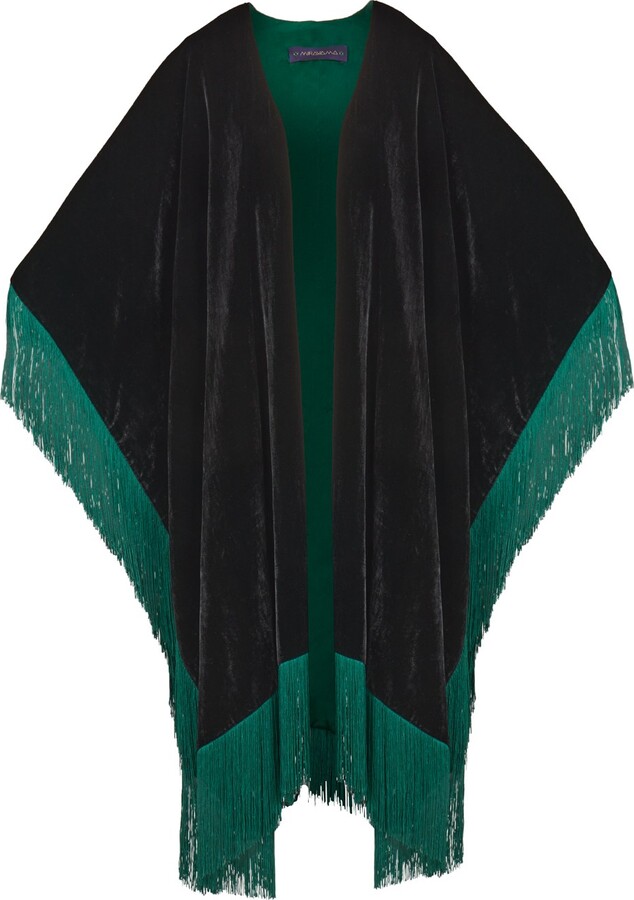 Mirayama Green / Black The Gypset Mens Silk Velvet Poncho With Fringes ...