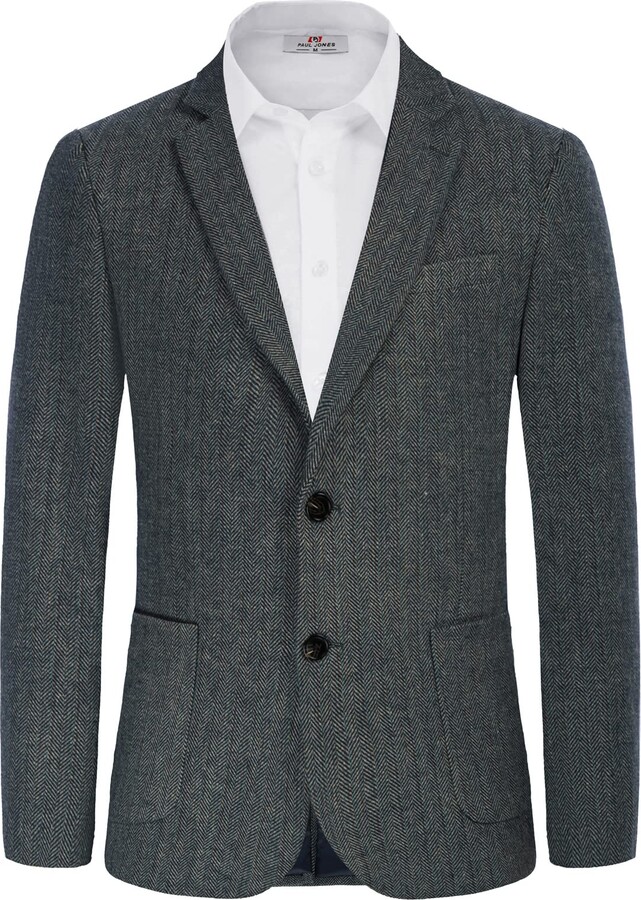 PJ PAUL JONES Men Wool Blend Herringbone Tweed Jacket Blazer Button ...