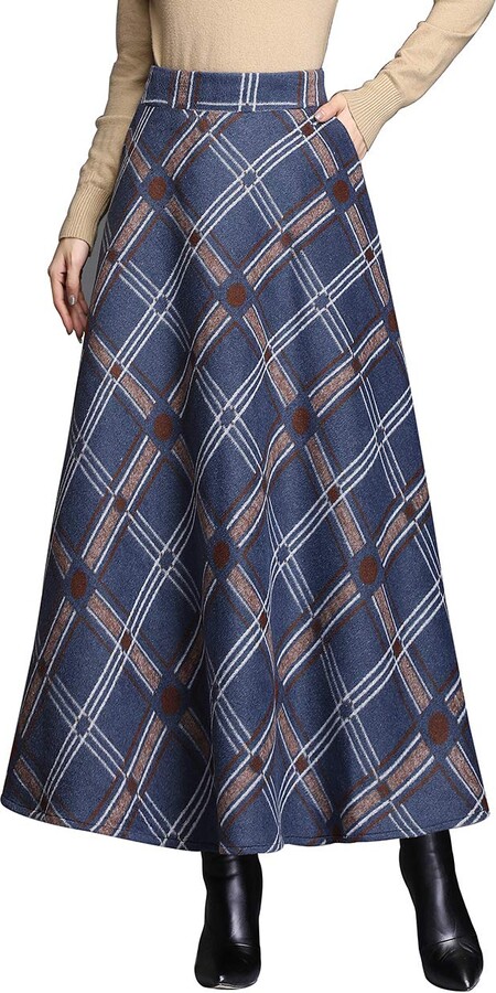 Moviendress Women Winter Maxi Skirts Long Wool Warm Lined Pleated A-line Elastic Waist Flowy ...