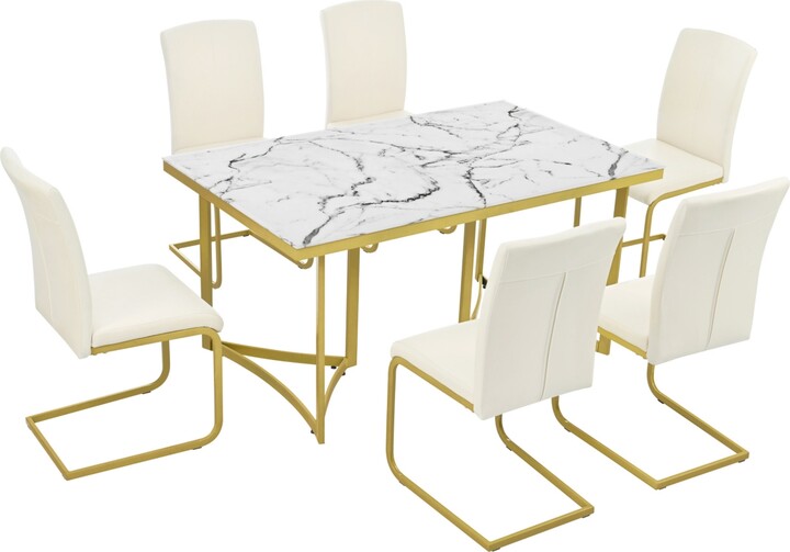 Simplie Fun 7-Piece Modern Dining Table Set, Rectangular Marble Sticker ...