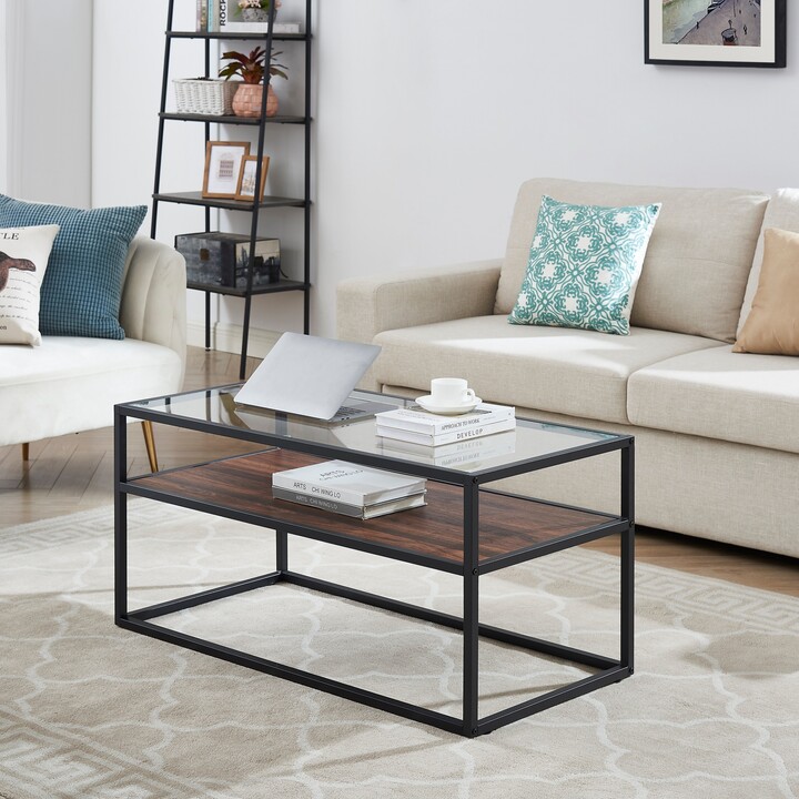 EDWINRAY 40.16" Industrial Coffee Table with 2-Tier Open Storage ...