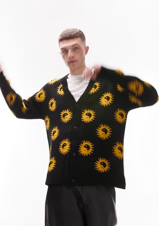 Topman oversized knit cardigan with yin yang print in black - ShopStyle