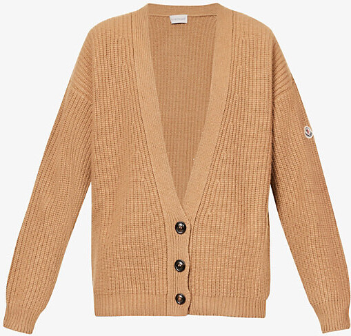 Moncler Womens Camel V-neck Ribbed-texture Wool Cardigan - ShopStyle