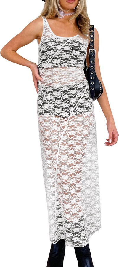 Fisoew Women's Sheer Mesh Dress See Through Sleeveless Scoop Neck Lace ...