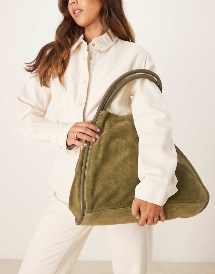ASOS DESIGN suede tote bag with tubular piping in forest green - ShopStyle