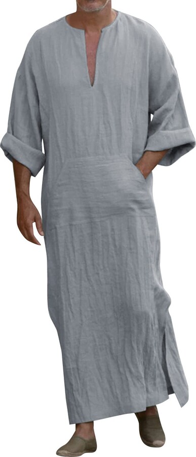 Foweknow Kaftan Men's Cotton Linen Thobe Long Muslim Clothing Prayer ...