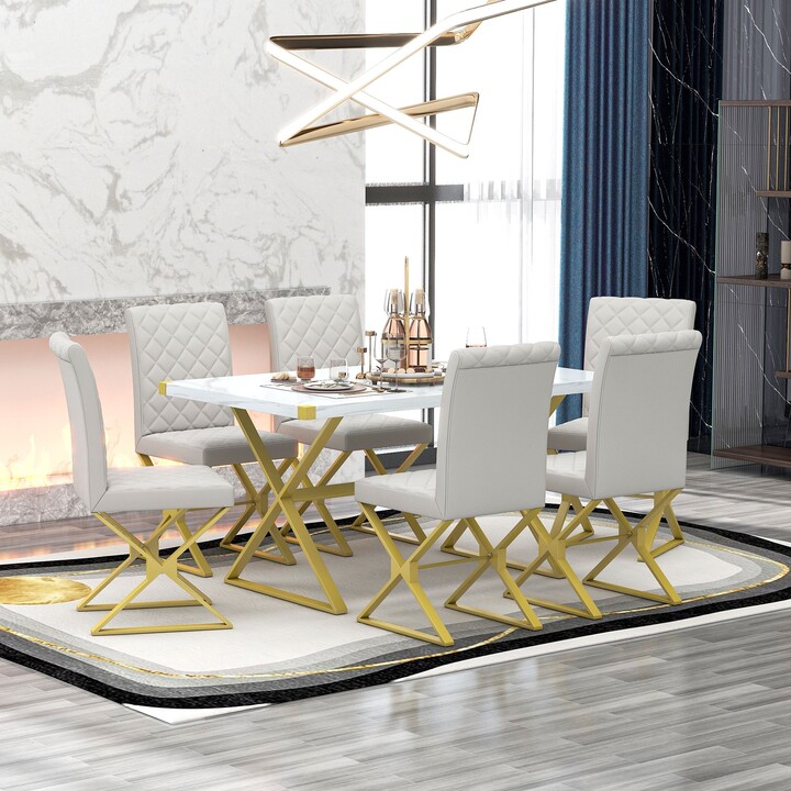 EDWINRAYLLC 7-Piece Modern Dining Table Set, Marble Texture Kitchen ...