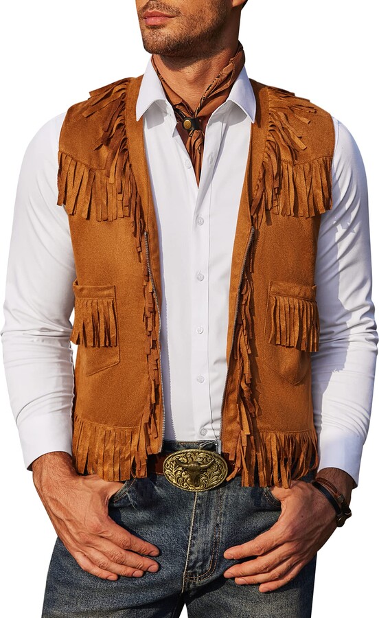COOFANDY Men's Western Cowboy Vest Casual Fringe Hippie Costume V Neck ...