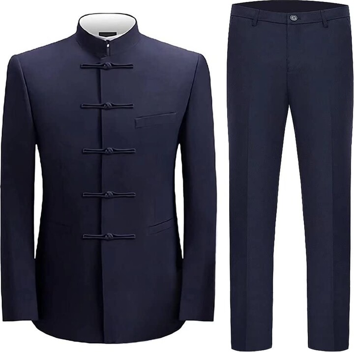 HUUTOE Chinese Tunic Suits Mandarin Collar Suit for Men 2 Pieces Formal ...