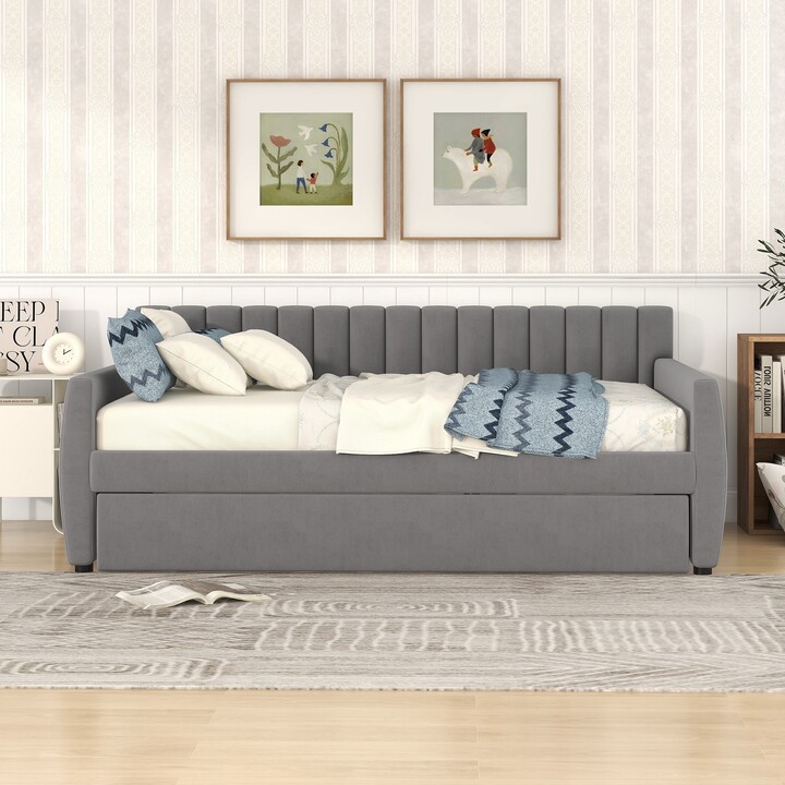 GREATPLANINC Full Size Upholstered Daybed with Trundle Wood Slat ...