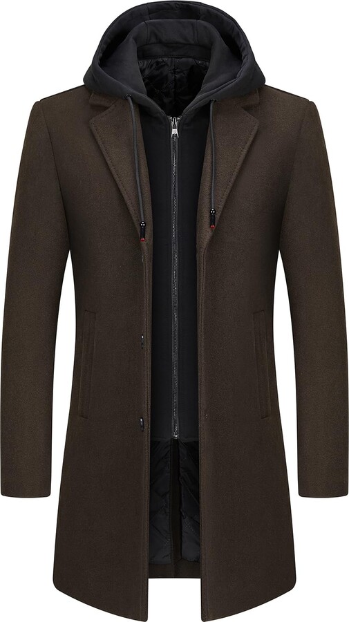 KUDMOL Mens Wool Trench Coat Solid Casual Padded Outdoor Overcoat Long ...