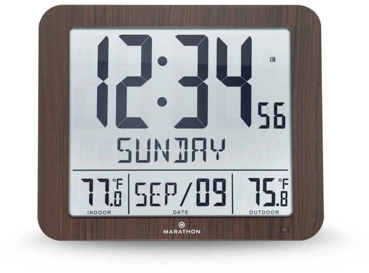 Marathon Slim Atomic Wall Clock with Indoor/Outdoor Temperature, Full ...