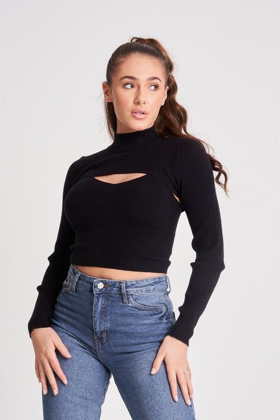 Urban Bliss 2in1 Long Sleeve Crop Jumper & Vest Set - Black - ShopStyle