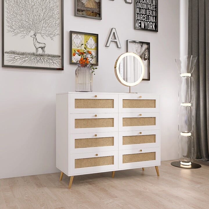 Simplie Fun White Color 8 Drawers Chest Of Drawers With Rattan Drawer ...