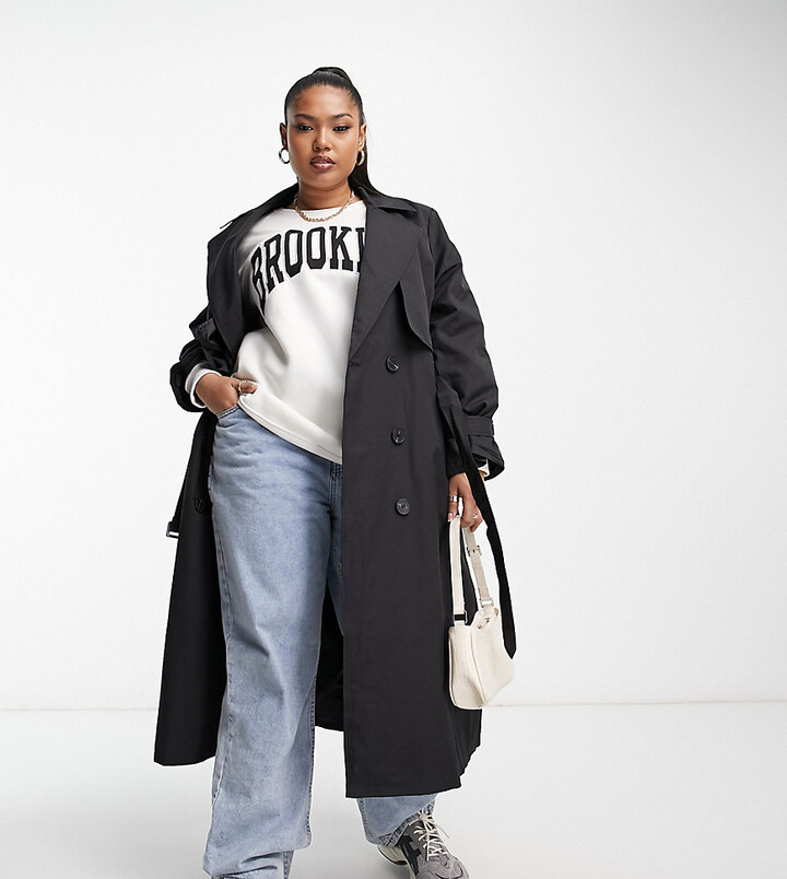 Urbancode Curve Urban Code Plus longline oversized trench coat in black - ShopStyle