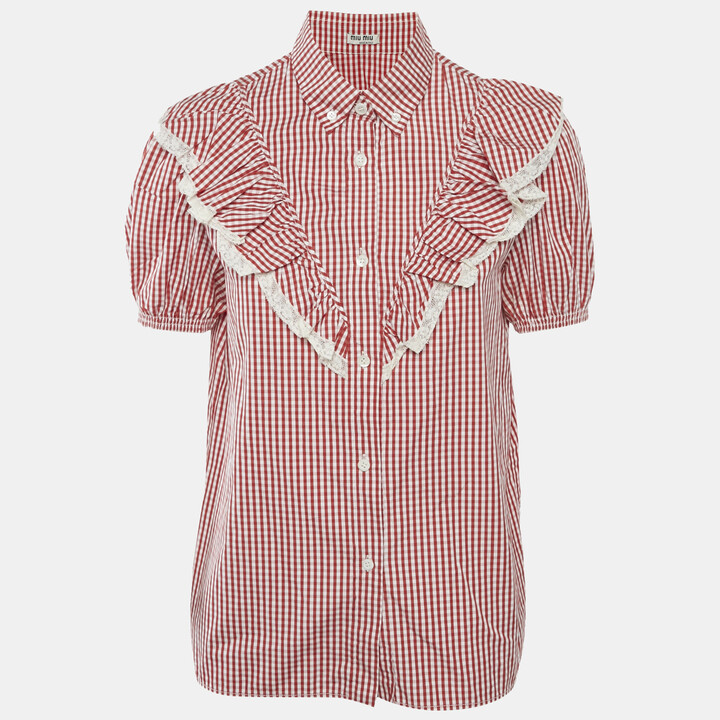 Miu Miu Red/White Cotton Gingham Ruffled Button Front Blouse M - ShopStyle