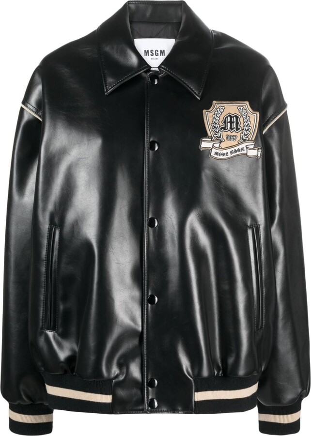 MSGM Logo-Patch Faux-Leather Bomber Jacket - ShopStyle