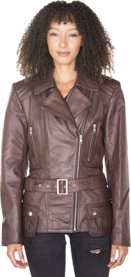 Infinity Leather Long Leather Biker Jacket-Quito - Brown - ShopStyle