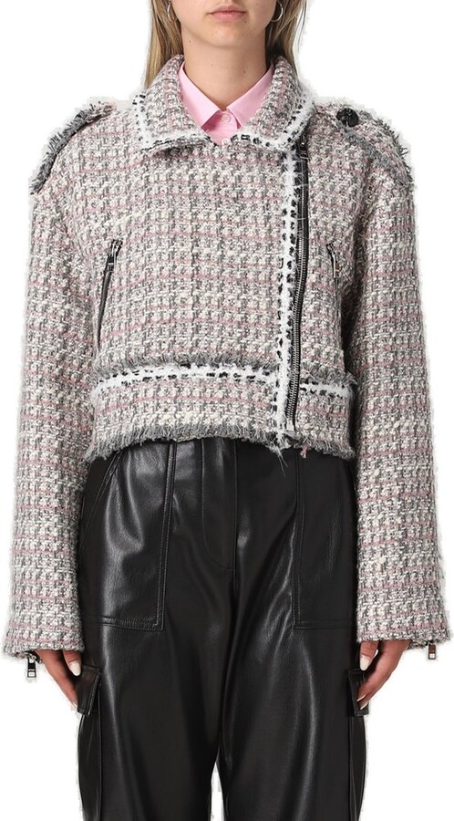MSGM Zipped Cropped Tweed Biker Jacket - ShopStyle