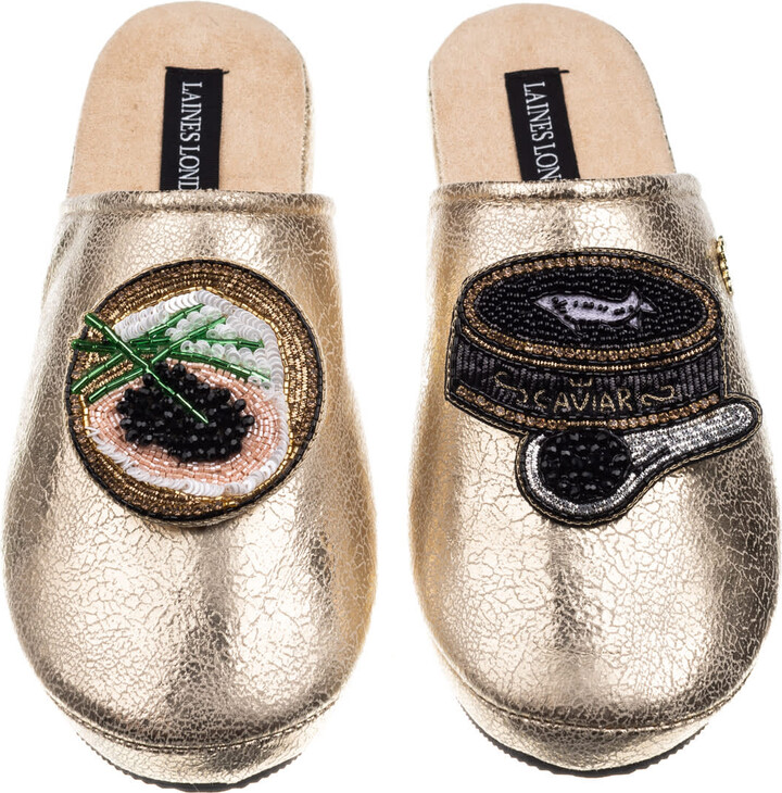 Laines London Gold Softie Slippers With Caviar & Blini Brooches ...