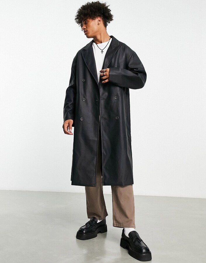 ASOS DESIGN extreme oversized faux leather overcoat in black - ShopStyle