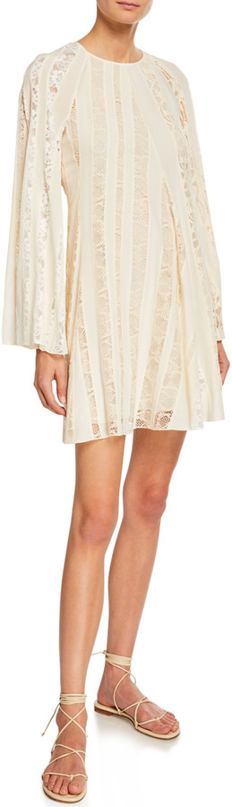 Chloé Long-Sleeve Lace-Inset Crepe de Chine Dress - ShopStyle
