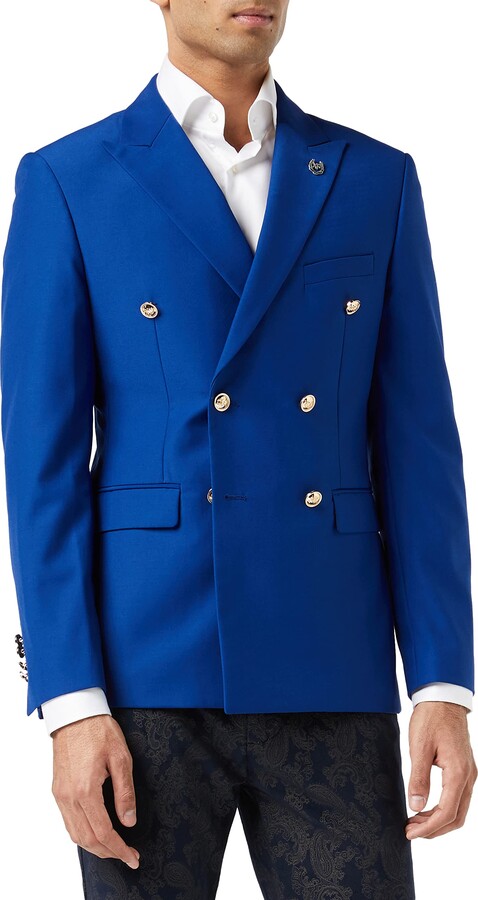 Xposed Mens Classic Fitted Double Breasted Royal Blue Blazer Gold ...