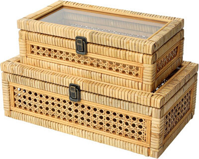 Suprib Rattan And Cane Stacking Boxes With Glass Top Lid Set Of 2 ...