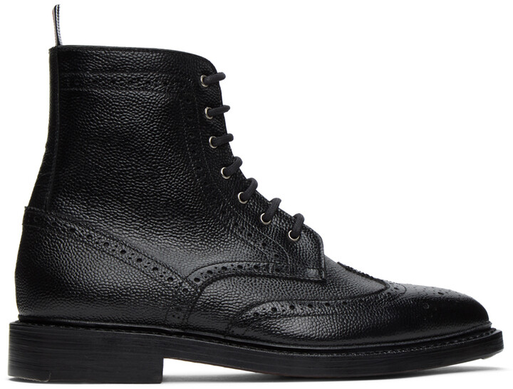 Thom Browne Black Pebble Leather Wingtip Boots - ShopStyle