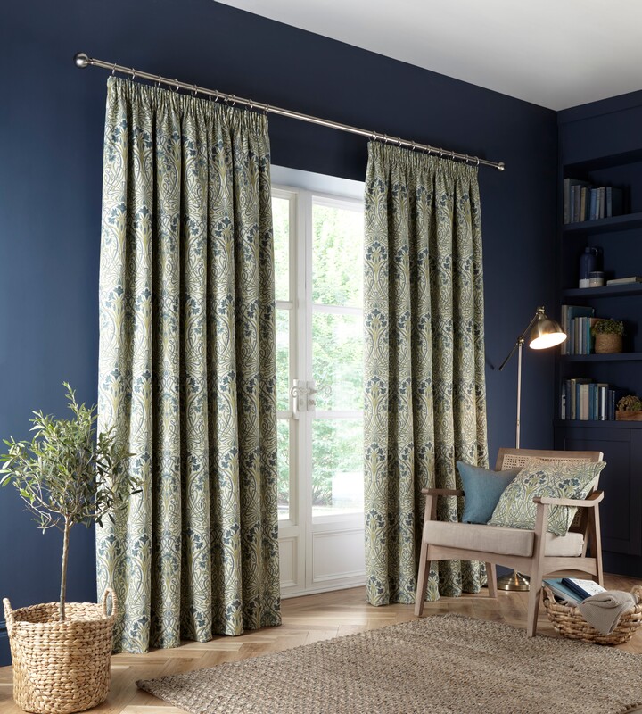 Dunelm Lucetta Prussian Blue Pencil Pleat Curtains Blue/White/Green ...