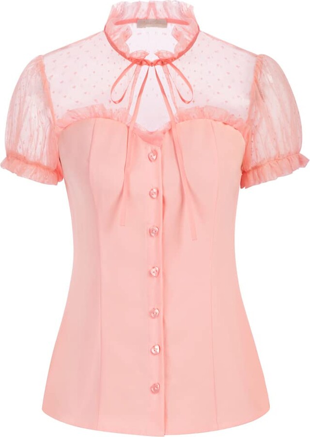 Belle Poque 1950s Short Sleeve Light Pink Buttons Mesh Garden Party ...