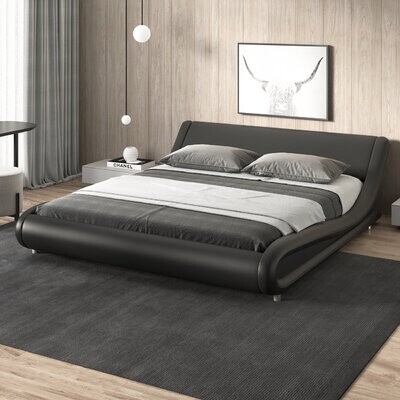 Orren Ellis Platform Bed Frame, Upholstered Faux Leather Low Profile ...