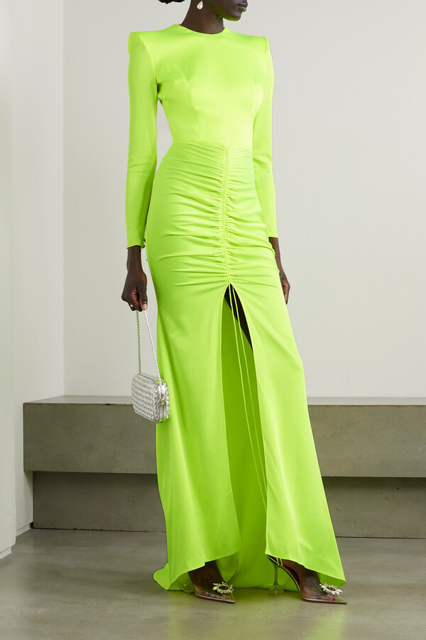 Alex Perry Torrin Ruched Neon Satin-crepe Gown - Yellow - ShopStyle Evening Dresses