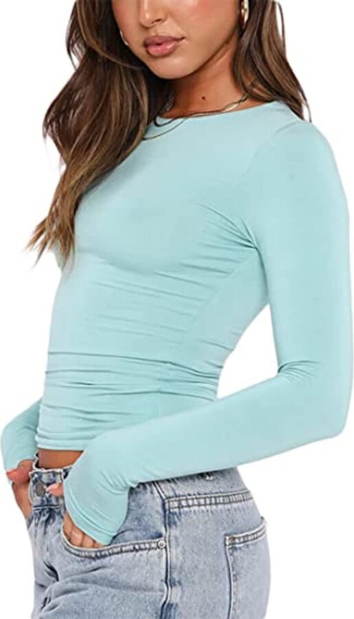 Hebezn Womens Long Sleeve Tight Crop Top Plain Color Slim Fit Tee Shirt ...
